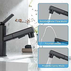 HANLIAN Single Hole Pull Out Faucet for Bathroom Sink, Black Sink Faucet Bathroom, One Handle Modern Bathroom Faucet with Pull Down Sprayer, 3 Modes Bathroom Pull Out Faucet with Rotating Spout