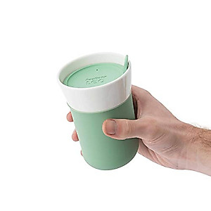 Berghoff LEO Porcelain Travel Mug 3.5" x 5" 0.35 qt. White & Mint Drinking Rim Integrated Sipping Hole Silicone Lid Microwave Safe