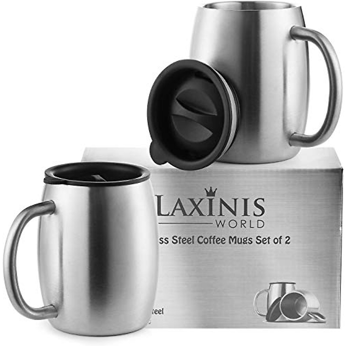 Laxinis World Stainless Steel Coffee Mugs with Spill Resistant Lids, 14 Oz Double Walled Insulated Coffee, Tea or Beer Cups, Set of 2