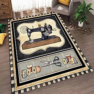 Soyalie Vintage Sewing Machine Themed Area Rug for Entrance Kitchen Non-Slip Black and White Striped Scissors Bordered Carpet Dorm Decor Fun Fashion Carpet 3'x5'