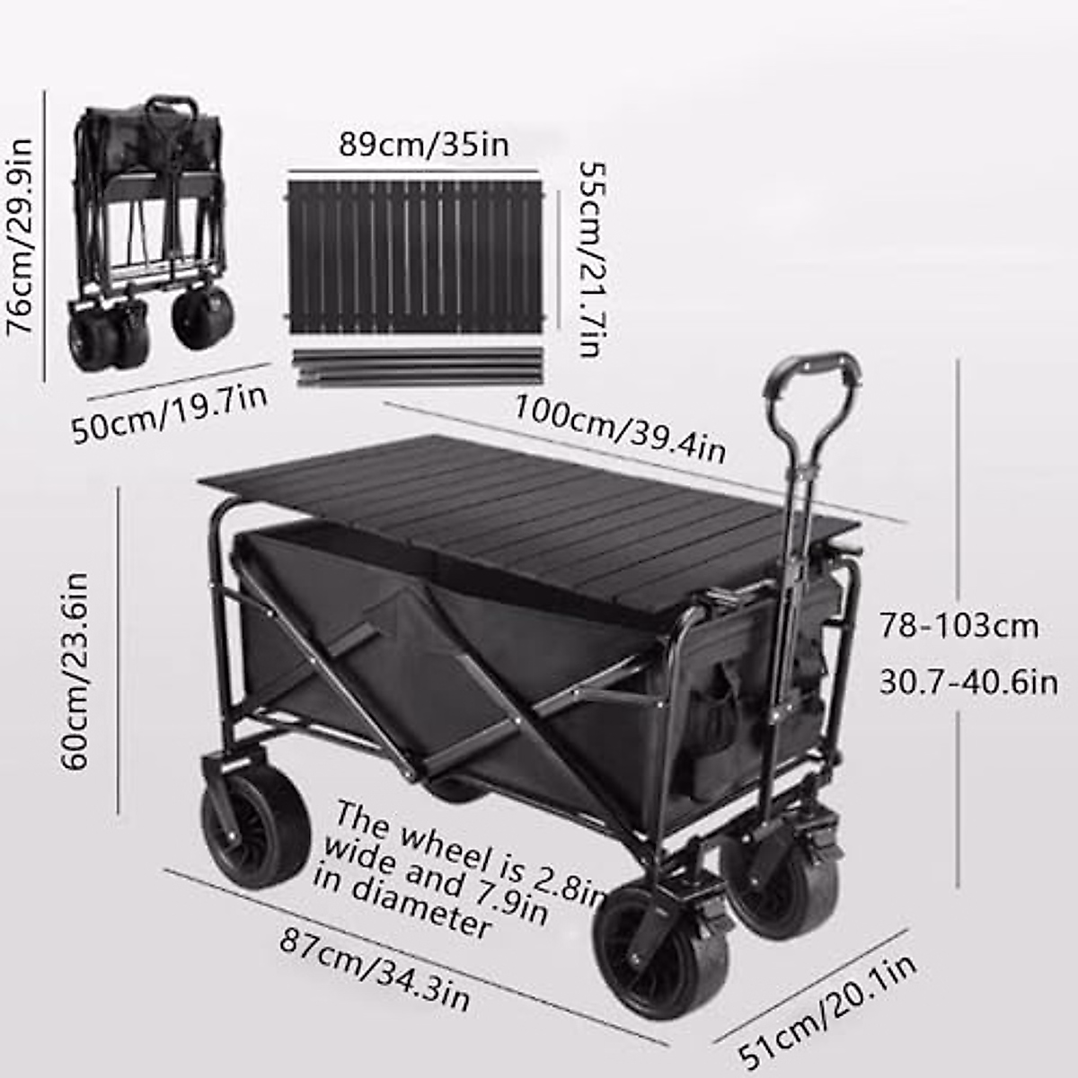 DECORN Collapsible Folding Wagon Garden Cart Beach Wagon Grocery Wagon All-Terrain Wheels Garden Grocery Wagon with Table Plate & 220 LB Capacity for Sports Outdoor Camping Fishing,White