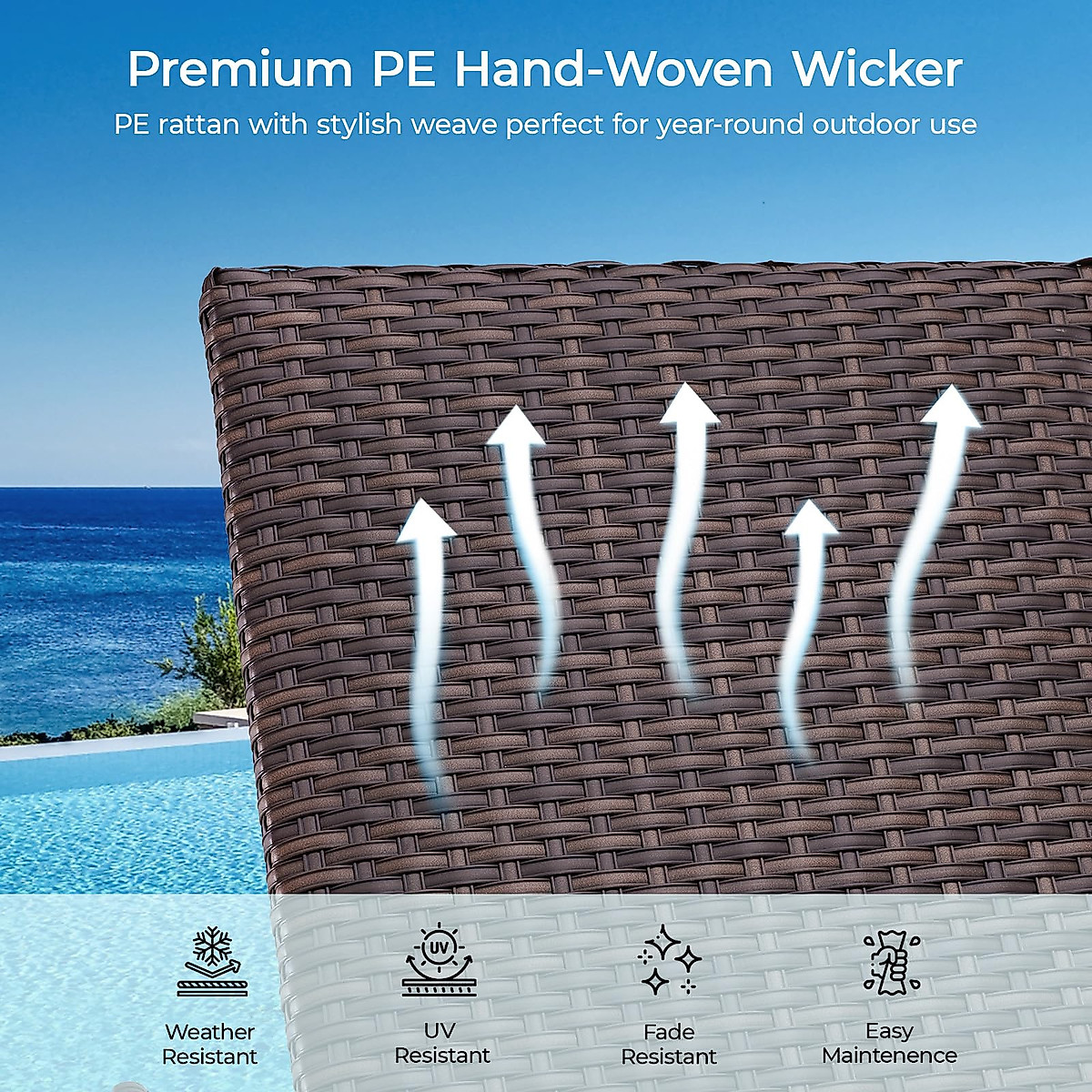 Outdoor Chaise Lounge Chair Set of 2, PE Wicker Lounge Chairs for Outside with Quick Drying Sponge Cushion, Rattan Reclining Chair with Adjustable Backrest Movable Beach Pool Sunbathing Recliner Chair