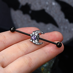 COCHARM Black Moon Industrial Earrings 14g Purple CZ Halloween Industrial Bar Piercing Spoooky Industrial Earring, Halloween Industrial Piercing Jewelry