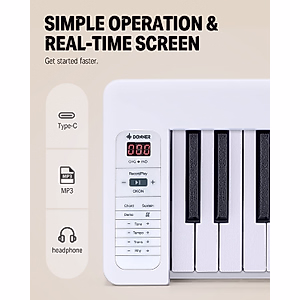 Donner 61-Key Folding Bluetooth Keyboard Piano for Beginners, Portable Piano Keyboard with Music Rest, Bag, Pedal, and App - White