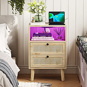 VIAGDO Rattan Nightstand with Charging Station, Led Night Stand with 2 Rattan Drawers, Bedside Tables with Solid Wood Feet, End Side Table with Open Storage Shelf for Bedroom
