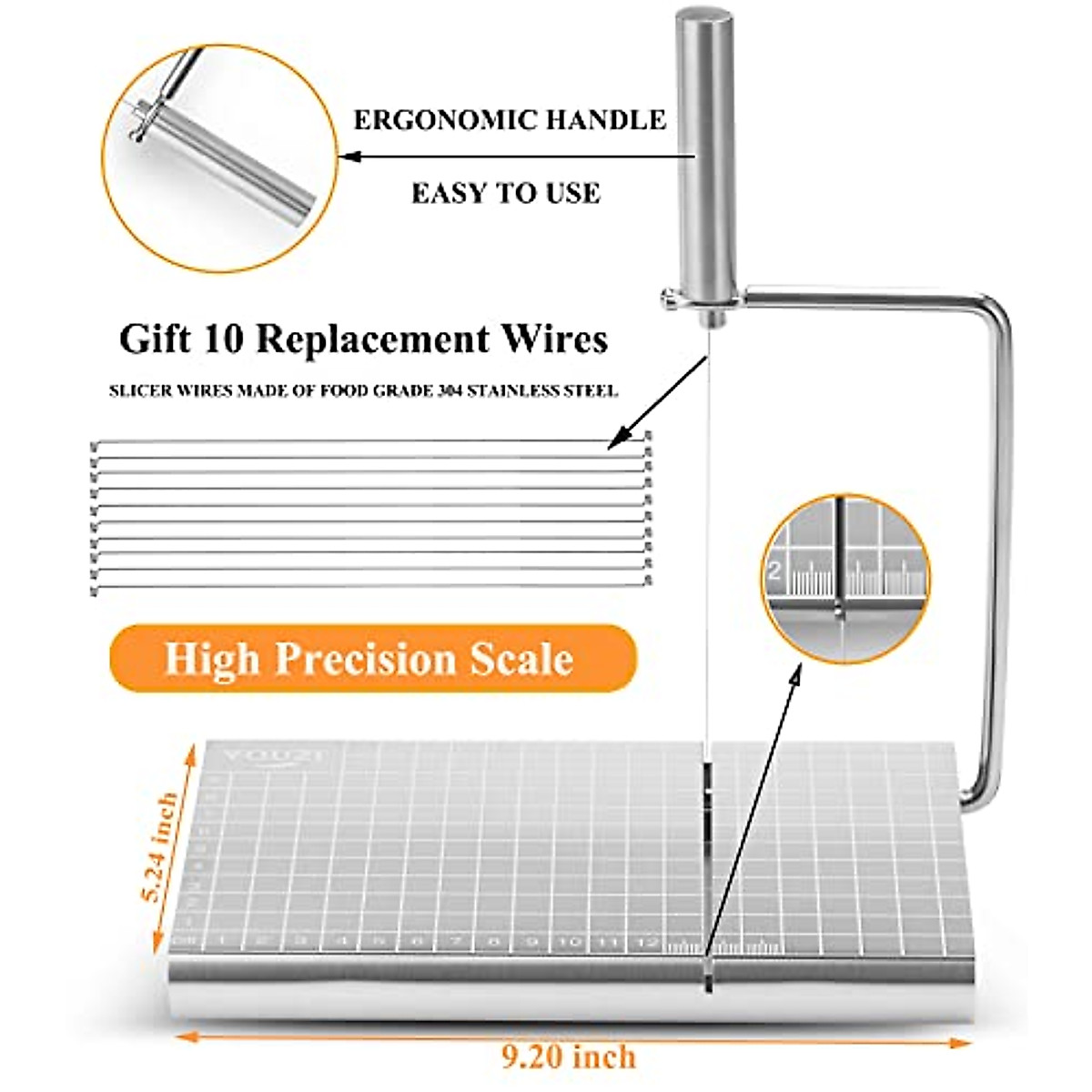 Cheese Slicer & Cheese Cutter | Stainless Steel cheese slicer with 10 Replacement-wires | Cheese Cutter for Block Cheese Metal Cheese Slicer Cutting Board Kitchen Gadgets Gift Set for Cheese Butter