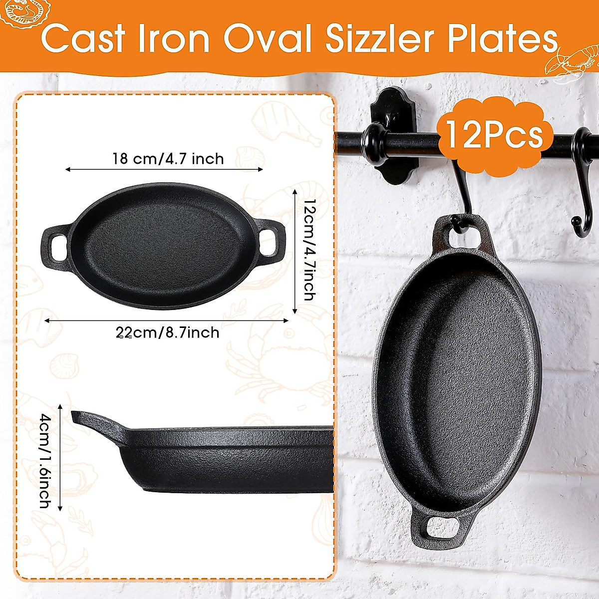 Mifoci 12 Pcs 16 oz 8.7'' x 4.7'' Oval Serving Dish Mini Cast Iron Skillet Cast Iron Baking Pan Sizzling Plate Matte Black Gratin Cookware for Home Restaurant Kitchen Food Service Barbecue