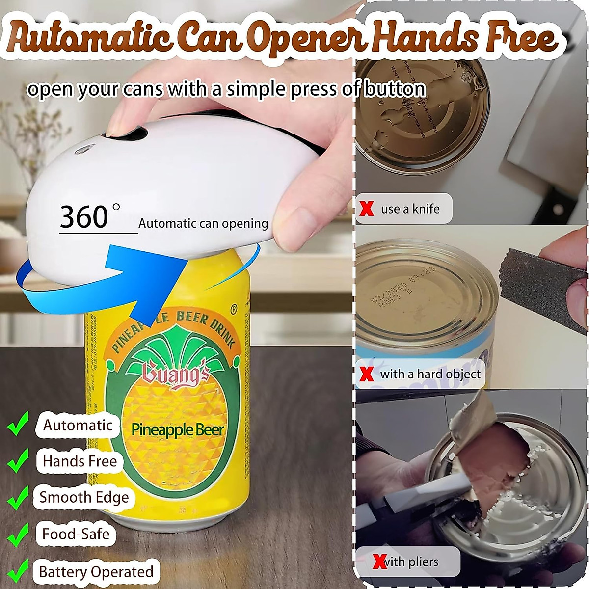 LEQOS Electric Can Opener For Kitchen One Touch Automatic Can Opener Electric for Any Size Can Hands Free Battery Operated Can Opener For Seniors Arthritis Smooth Edge Portable Food-Safe (Dark Black)