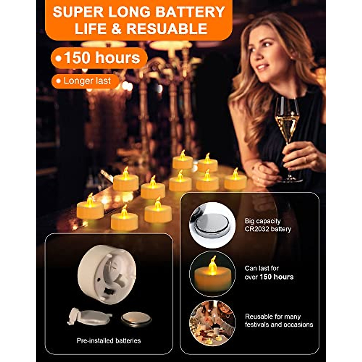 JOSU LED Tea Lights Candles [24 Pack] Flameless Candles, Realistic Battery Operated Candles, Flickering Bright Tealights with Warm Yellow Light for Party, Wedding, Valentine's Day