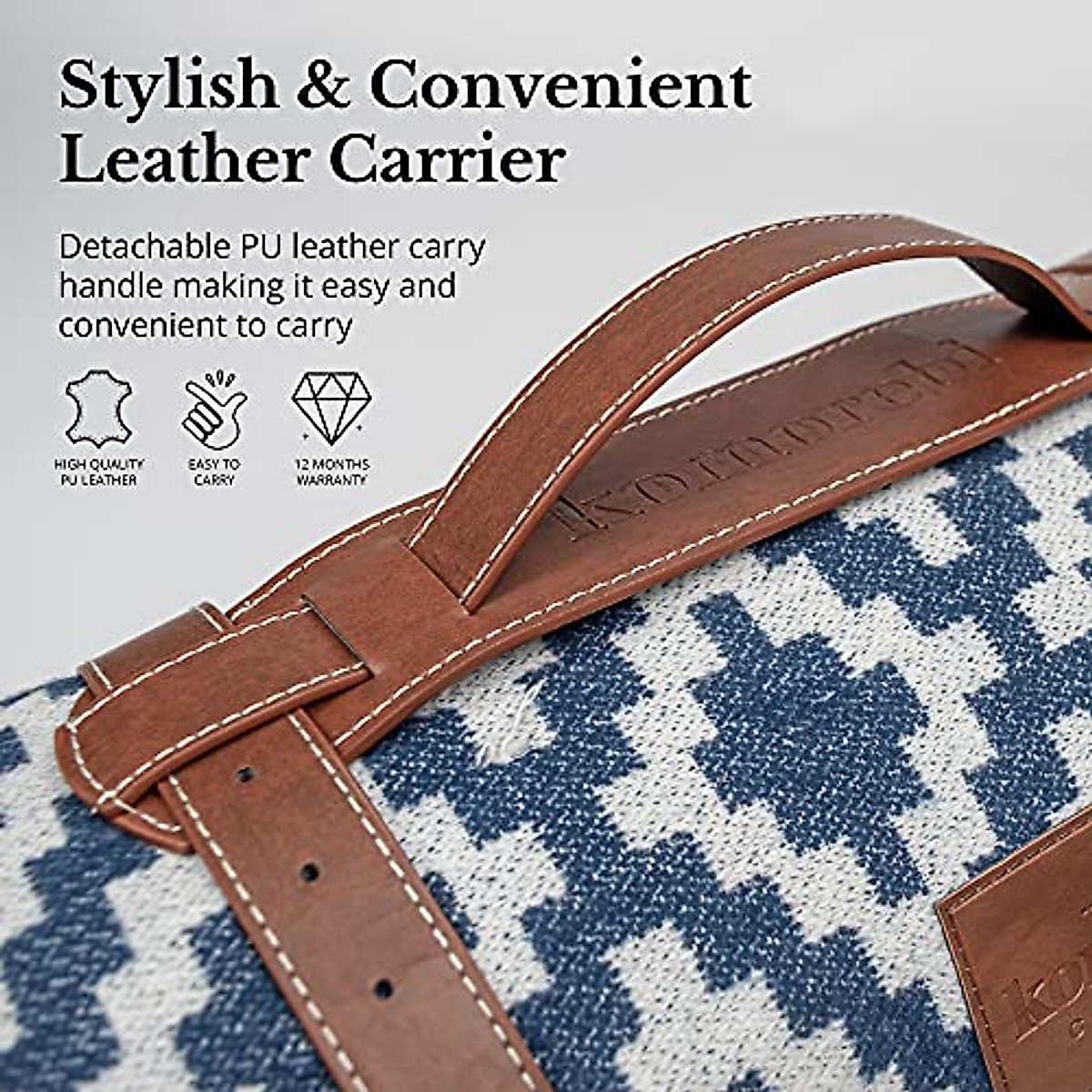 Komorebi Large Outdoor Waterproof Picnic Blanket (78"x59") 100% Cotton | Leather Carrier | Soft Diamond Jacquard Picnic Mat for up to 4 Adults (Blue/White)
