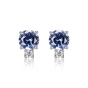Amazon Essentials Platinum Over Sterling Silver Created Blue Sapphire and 1/10th Carat Total Weight Lab Grown Diamond Two Stone Stud Earrings (previously Amazon Collection)