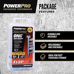 Power Pro Premium One Multi-Material Pan Head Screws, Zinc Plated Steel, Fasten in Wood, Metal, Concrete, Drywall and Plastic, Silver, #8 x ¾ inch, Box of 40 Screws