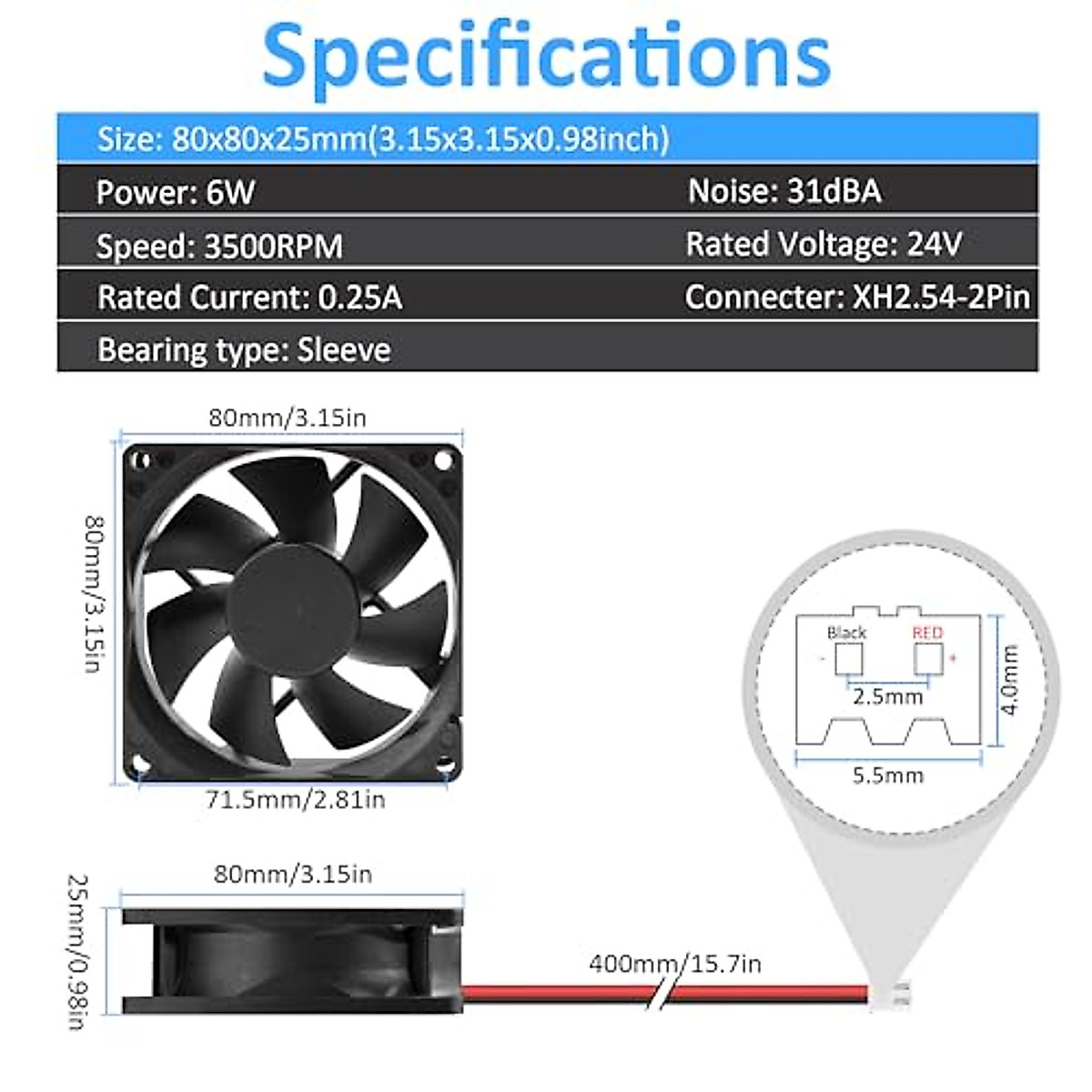 80mm 24V DC Cooling Fan CF8025 High Speed 24V 80mm 25mm 2Pin PC Exhaust Muffin Fan Low Noise 3500RPM 2-Pack