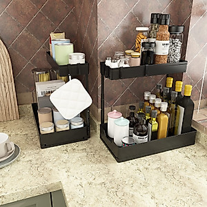 PUWEER 2 Pack Pull-out Under Sink Organizers and Storage, Under Kitchen Bathroom Cabinet Organizer with Hooks, Adjustable Height Multi-purpose Under Sink Shelf Organizer