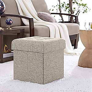 Ornavo Home Foldable Tufted Linen Storage Ottoman Square Cube Foot Rest Stool/Seat - 15" x 15" x 15" (Beige)