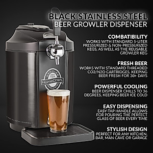 Homecraft Black Stainless Steel Easy-Dispensing Tap Beer Cooling System Kegerator, Includes Reusable Growler, CO2 Cartridges, Removable Drip Tray & Cleaning Kit, Fresh for 30 Days