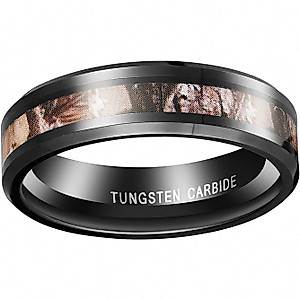 QUEENWISH 6mm Black Tungsten Camo Wedding Rings For Men & Women Hunting Camouflage Inlay Engagement Couples Jewelry Band Beveled Edges Comfort Fit
