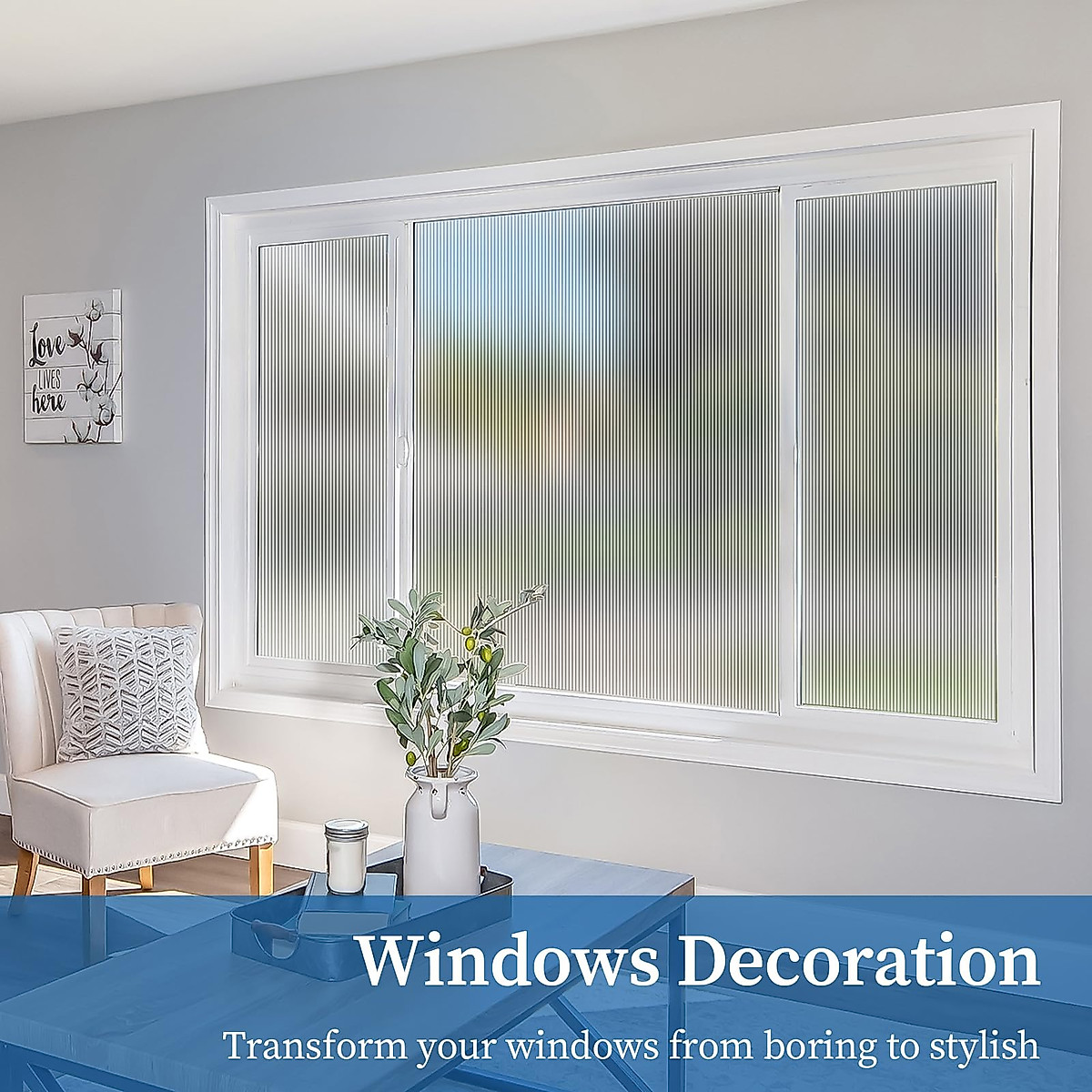 FEOMOS Frosted Reeded Glass Film, Window Privacy Film, Decorative Window Decals, 3D Glass Stickers for Window Door Cabinet Non Adhesive 35.4 x 78.7 inches