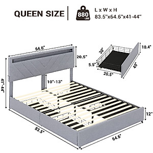 ADORNEVE Queen LED Bed Frame with Drawers Storage, 2 USB Charging Station, Upholstered Platform Bed with Storage & LED Lights Headboard, No Box Spring Needed, Light Grey
