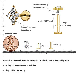 FINE4U Gold Cartilage Earring Piercing Jewelry for Tragus Conch Helix 16G 6mm 8mm - ASTM F136 Titanium Four-Pointed Flat Back Stud, Hypoallergenic Body Jewelry