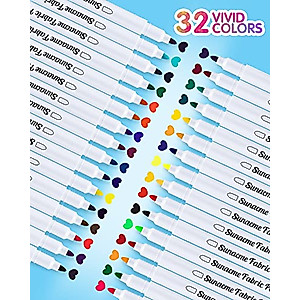 sunacme Fabric Markers Pen, 32 Colors Permanent Fabric Paint Pens Art Markers Set - Fine Tip, Child Safe & Non- Toxic for Canvas, Bags, T-Shirts, Sneakers