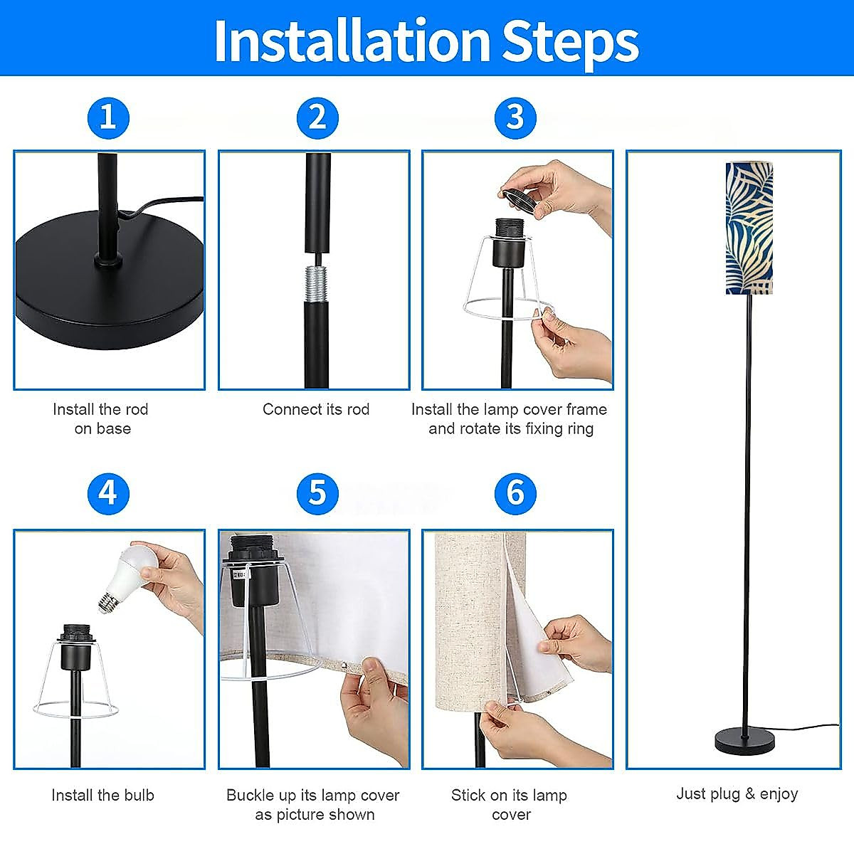 Modern Standing Lamps repeating pattern silhouettes palm tree leaves blue Minimalist Floor Lamp Metal Pole Lamp with Linen Lampshade for Bedroom Living Room Office Nursery Reading Foot Switch