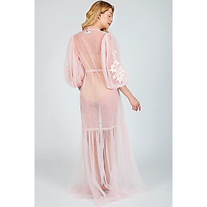 HHQ Women's Lace Long Robe Tulle Bridal Nightgown Sexy Sheer Boudoir Nightwear Long Sleeve Ladies Lingerie Maxi Dress(Pink,L)