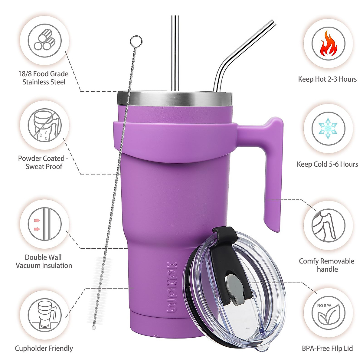 BJPKPK Tumbler With Handle 20oz Stainless Steel Insulated Tumbler With Lid And Straw For Water Or Ice Coffee,Lavender