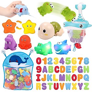 KaeKid Baby Bath Toys, 36 Foam Bath Letters & Numbers, Light up Bathtub Toys, Water Spray & Squeeze Bath Set with Fishing Net & Organizer Bag, Bath Water Toys for Kids Toddlers Gifts 18 Months