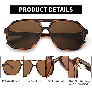 GLINDAR Polarized Aviator Sunglasses for Men Women, Retro Oversized Square Shades, Tortoise/Brown