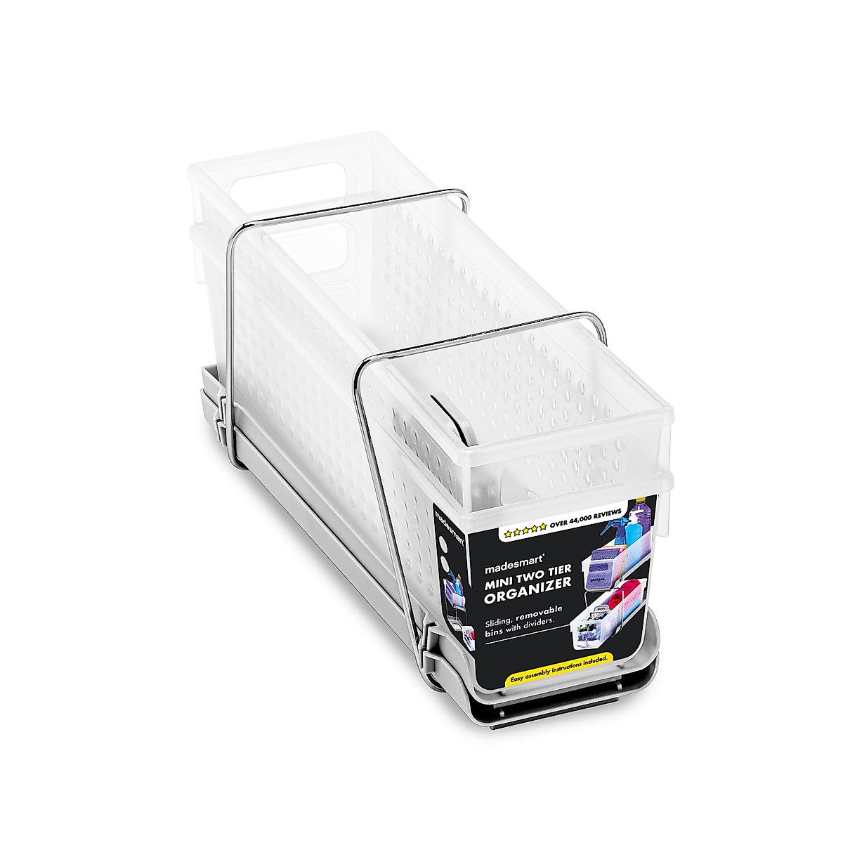 madesmart Mini 2-Tier Organizer, Multi-Purpose Slide-Out Storage with Handles and Dividers for Home and Bath, Frost