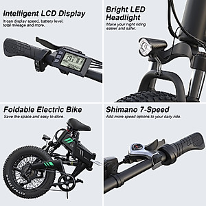 Wooken Electric Bike for Adults, 20''X4.0 Fat Tire Ebike for Adults, (Peak 750W) Foldable Electric Bicycle with 48V 10Ah Battery, 7 Speed, Shock Absorber, 20MPH Ebike for Mountain Beach Snow