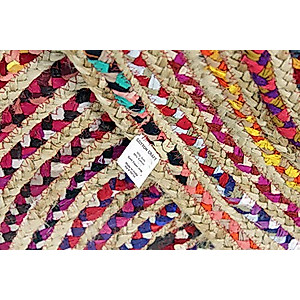 COTTON CRAFT Jute Chindi Braid Rag Rug - Boho Farmhouse Rustic Area Accent Throw Rug - Handwoven Reversible Natural Recycled Cotton - Living Room Den Study Home Décor Gift - 4 Feet Round - Multi Color