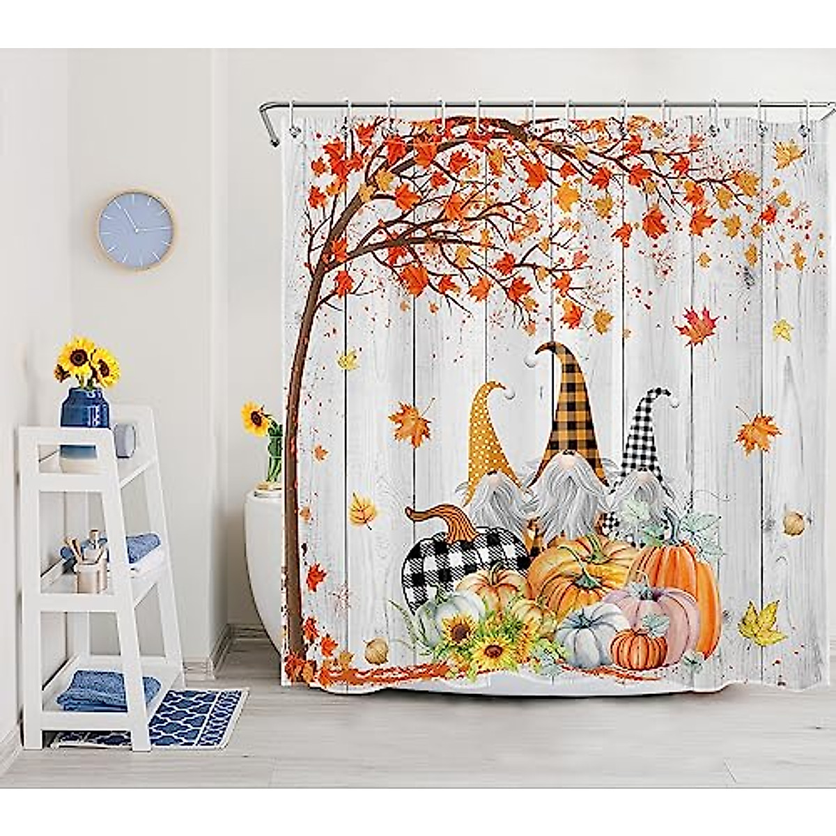 Fall Gnome Shower Curtain Thanksgiving Harvest Pumpkin Sunflower and Autumn Maple Leaf Shower Curtain Farmhouse Vintage Fabric Shower Curtain Set for Bathroom with Bath Mat and Hooks,72x72 inches