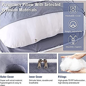 TREE.NB Pregnancy Pillows, U Shape Polyester Maternity Pillow for Pregnant Women Body Feeding Support,with Grey Velvet Cover, Support Pillow with Removable Washable Pillowcase 63''x37.4''x27.5''