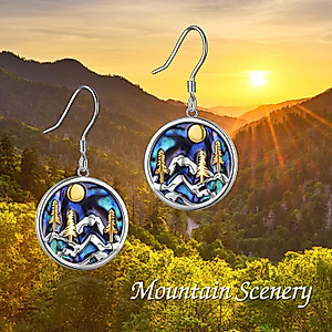 Mountain Earrings Gifts Sterling Silver Abalone Sun Mountain and Tree Dangle Earrings Nature Jewelry Gift for Skiers, Hikers, Campers, Climbers,Nature Lovers (Mountain earrings-tree and sun)