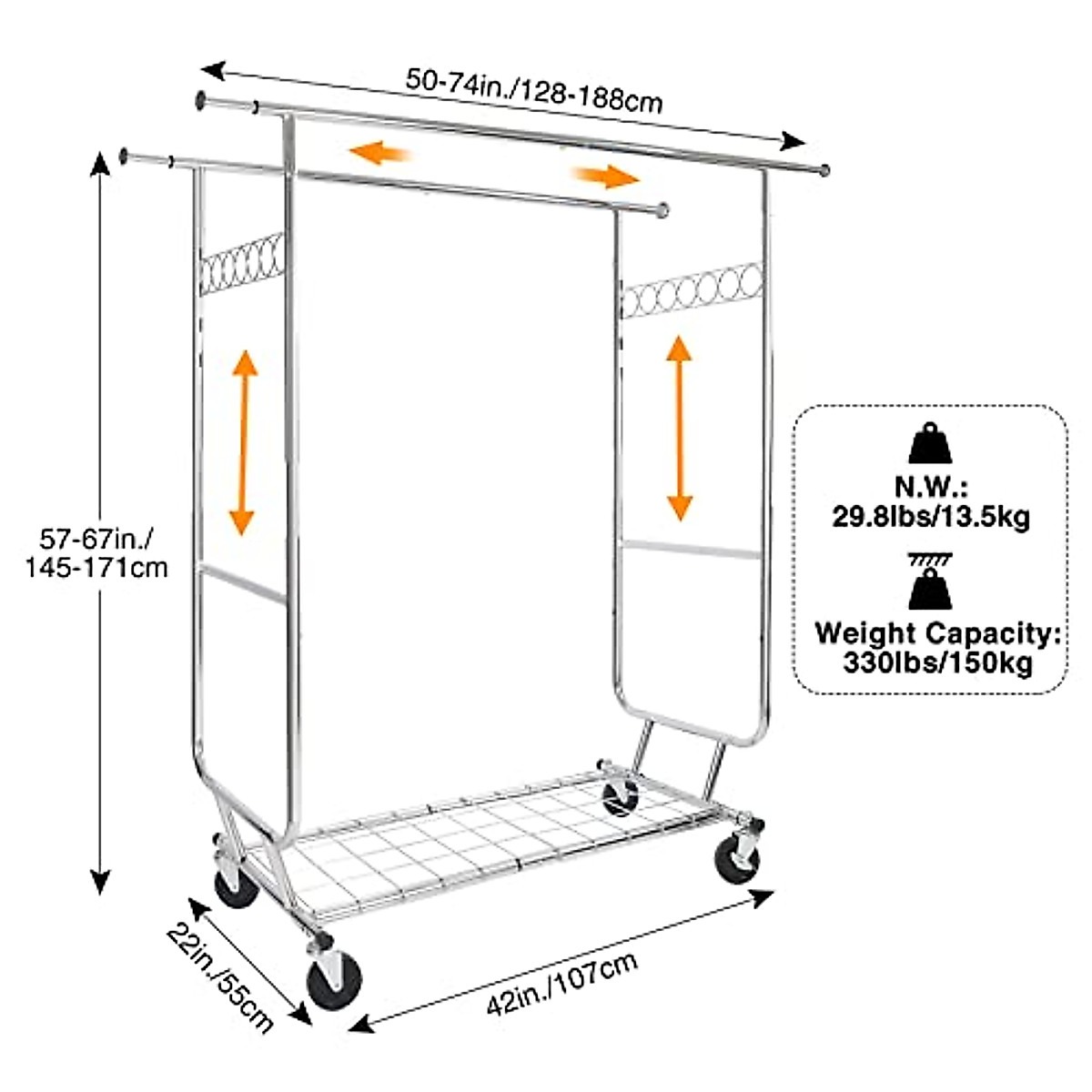 ALUPOM Extendable Double Rod Clothing Rack on Wheels with Shelves Capacity 330lbs, Heavy Duty Rolling Chrome Commercial Garment Rack for Hanging Clothes