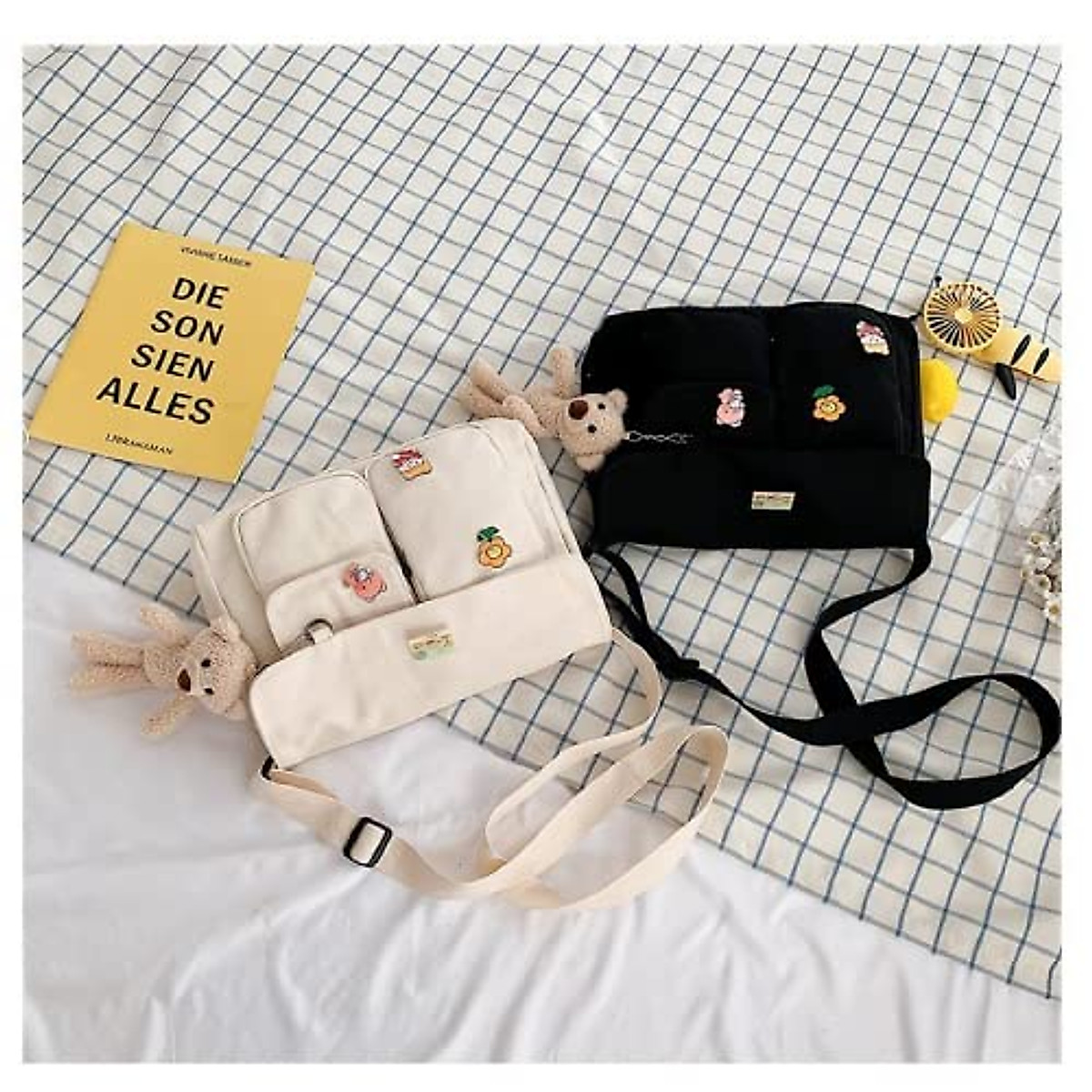 Canvas Crossbody Bag with Kawaii Pins and Pendent,Casual Shoulder Messenger Bag Students Schoolbag for Girls Women