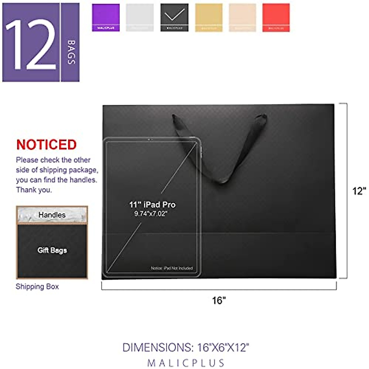 MALICPLUS 12 Extra Large Gift Bags 16x6x12 Inches, Luxury Matte Black Large Gift Bags with Handles for All Occasions (Lattice Texture Finish)