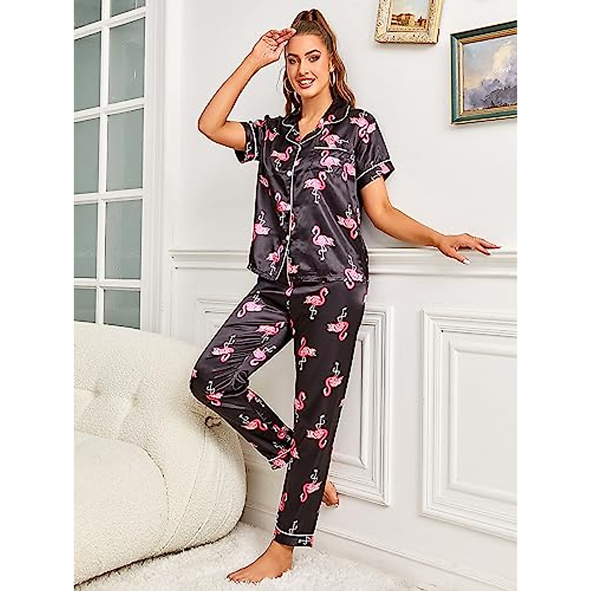 WDIRARA Women's 2 Piece Sleepwear Striped Satin Short Sleeve Shirt and Pants Pajama Set Animal Black M