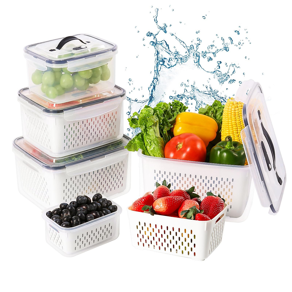 LUXEAR 5PCS Fruit Storage Containers For Fridge, Produce Vegetable Saver Container with Lid Colander Vent Handle, BPA-Free Refrigerator Microwave Dishwasher Safe, Keep Fruits Veggie Food Meat Fresh
