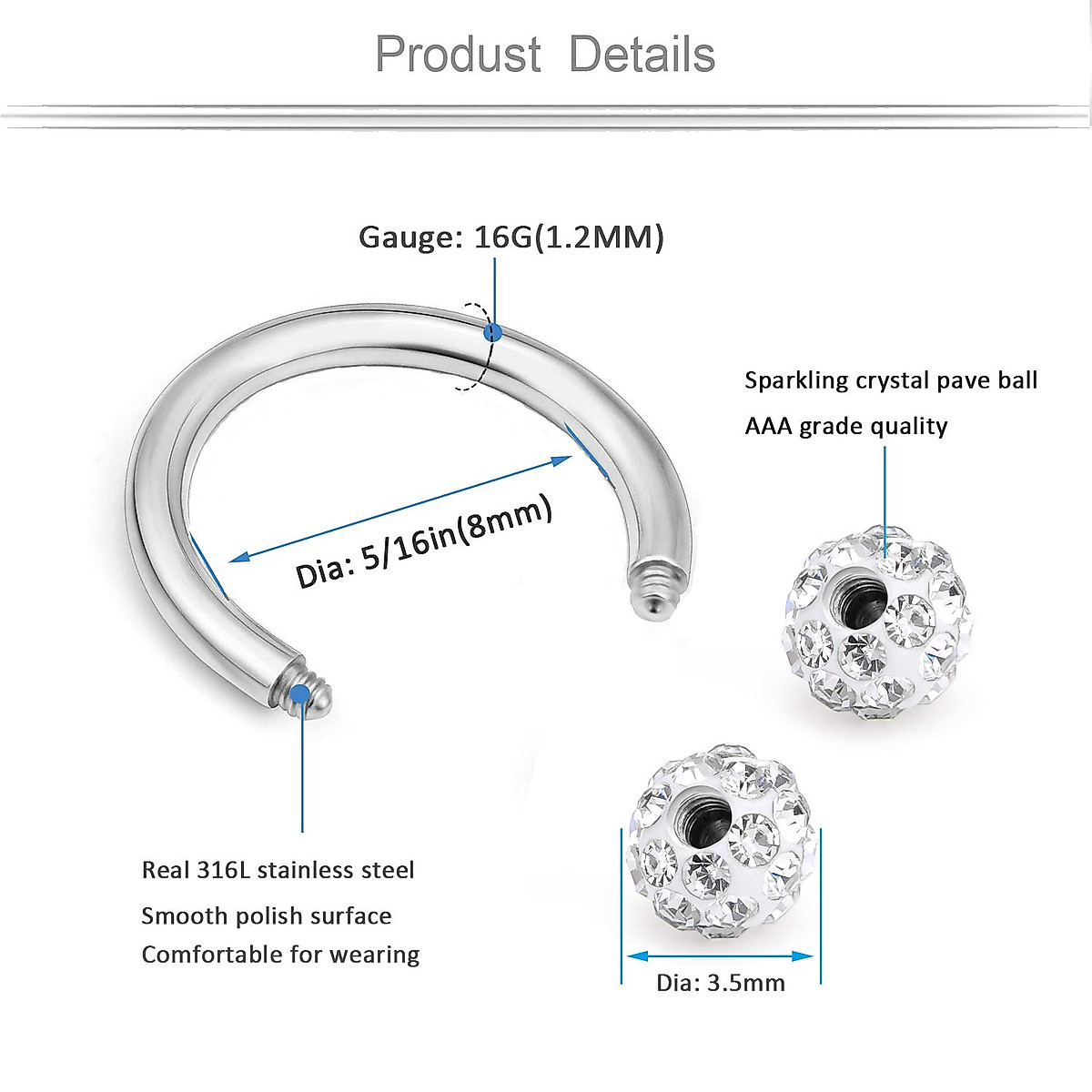 AVYRING 16G 8mm Daith Rook Earrings Stainless Steel with Crystal Ball Cartilage Helix Piercing Rings Septum Rings Eyebrow Jewelry Silver