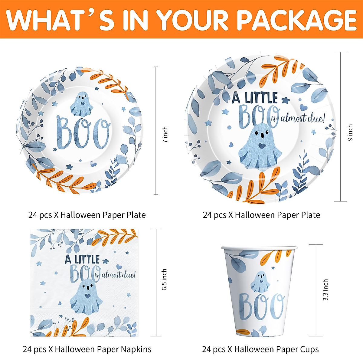 APOWBLS Halloween Baby Shower Decorations Tableware - A Little Boo Is Almost Due Baby Shower Decorations, Plates, Cups, Napkins, Tablecloth, Cutlery, Halloween Baby Shower Party Supplies | Serve 24