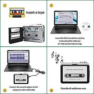 Reshow Cassette Player – Portable Tape Player Captures MP3 Audio Music via USB – Compatible with Laptops and Personal Computers – Convert Walkman Tape Cassettes to iPod Format (Silver)