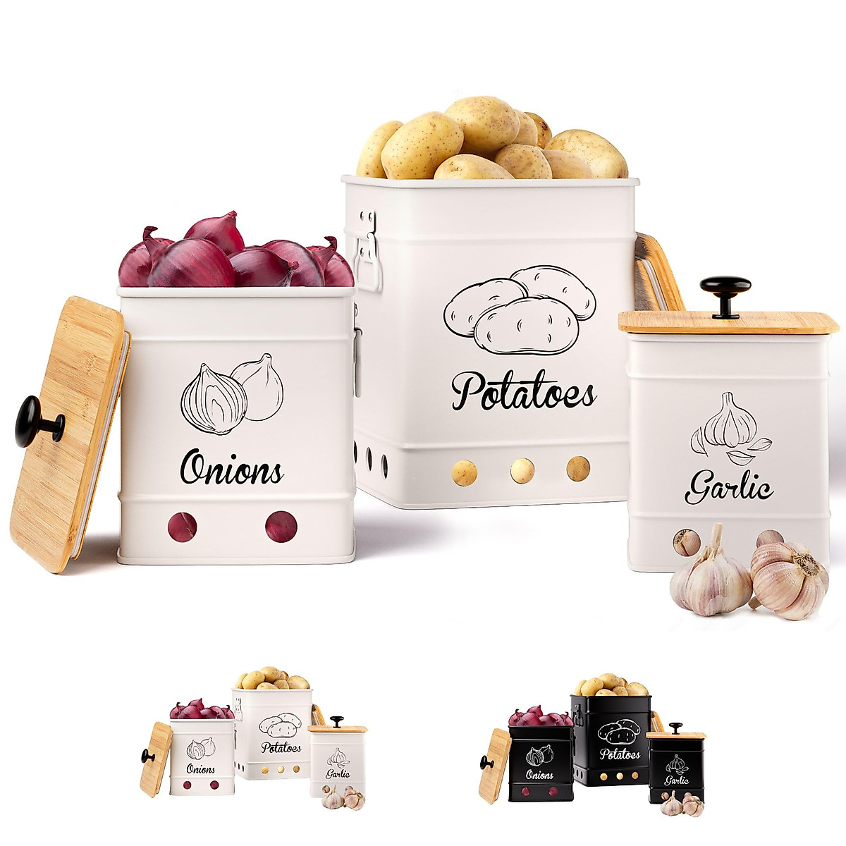 Potato Onion Garlic Storage Set of 3 Ventilated Iron Canisters with Bamboo Lids - Potato and Onion Storage Bin for Pantry - Kitchen Vegetable Storage Containers - Cute Metal Vegetable Bin Set of 3