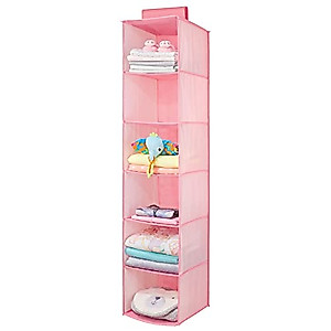 mDesign Fabric Hanging Organizer - Over Closet Rod Storage with 6 Shelves for Baby Nursery Bedroom Organization - Hold Clothes, Linens, Toys, Accessories - Pink Herringbone