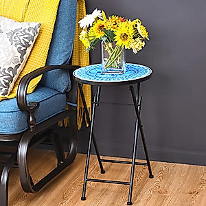 Giantex Outdoor Side Table, Folding Mosaic Patio Table, 14'' Round Metal End Table w/Ceramic Tile Top, Small Patio Table Accent Coffee Table for Porch Garden Balcony Plant Stand Indoor Outdoor (Blue)