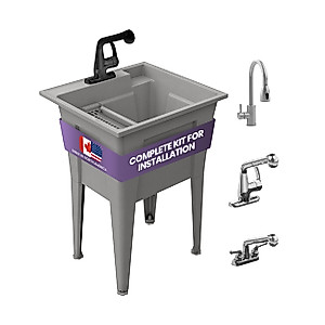 Utility Sink with One-Handle Matte Black Plastic Faucet – Polypropylene Laundry Sink, Grey Garage Sink, Indoor & Outdoor Use – Complete Sink Set by Noah William Home (24” X 22” X 34” 19.5 Gallons)