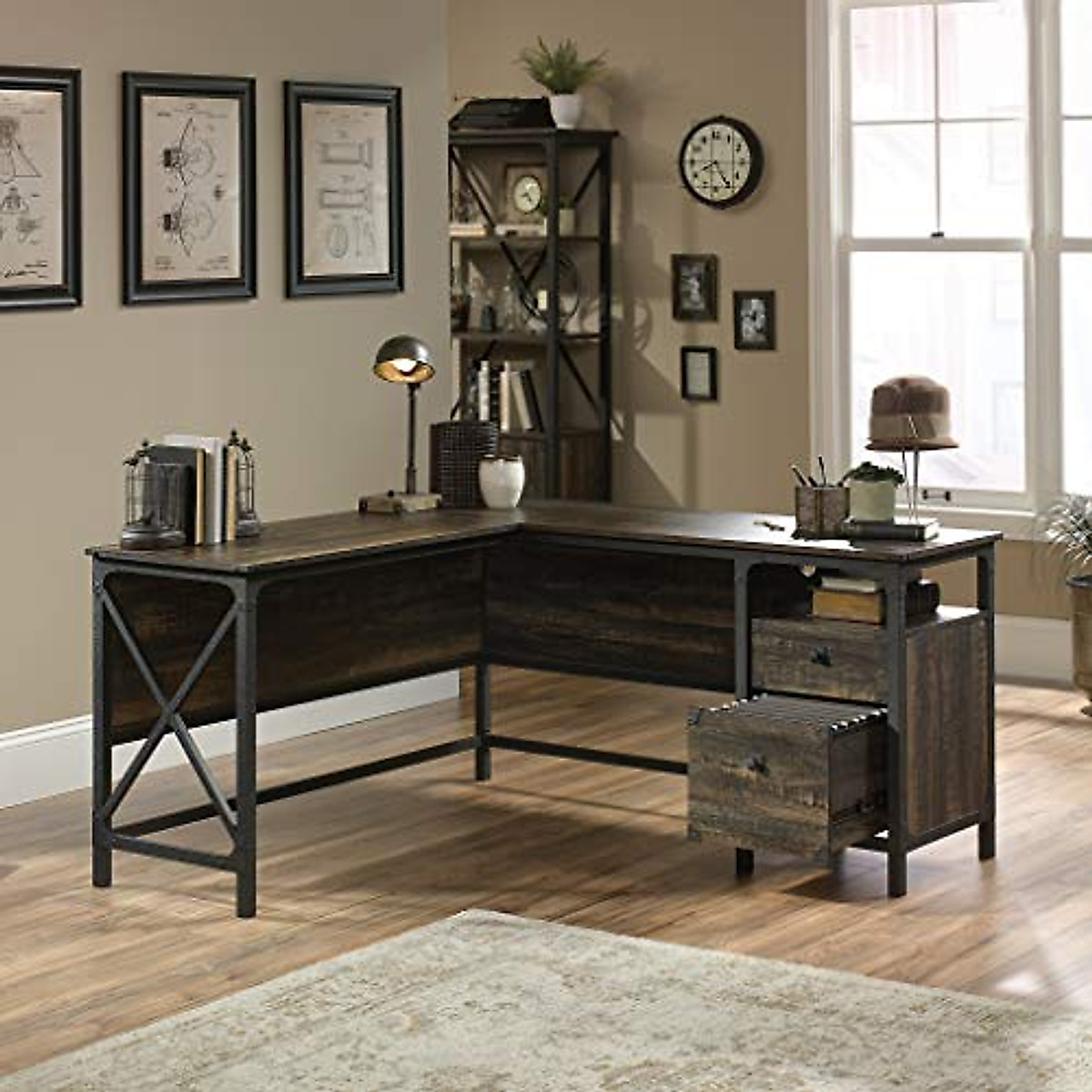 Sauder Steel River L-Shaped Desk, L: 59.84" x W: 57.32" x H: 29.53", Carbon Oak Finish