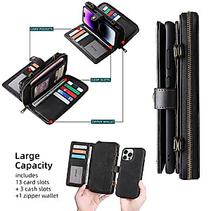 Compatible with iPhone 14 Pro 6.1 inch Wallet Case Crossbody Shoulder Strap Stand Card Holder Multi-Function 2in 1 Detachable Magnetic Phone Cover for iPhone14Pro 5G i i-Phone i14 iPhone14 14Pro Black
